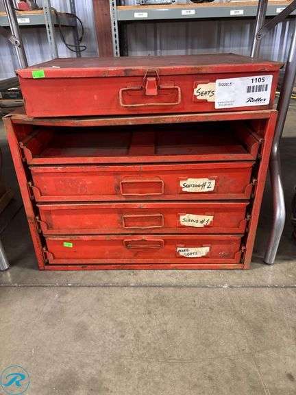 Red Metal Parts Storage Boxes with Dividers and Labeled Compartments ...