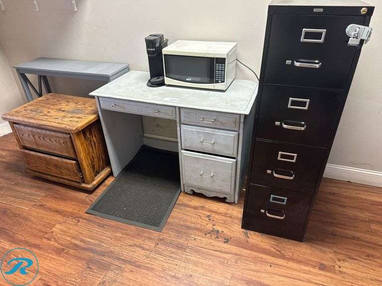 Office Furniture Lot Including Filing Cabinet, Desk, Microwave, Coffee ...