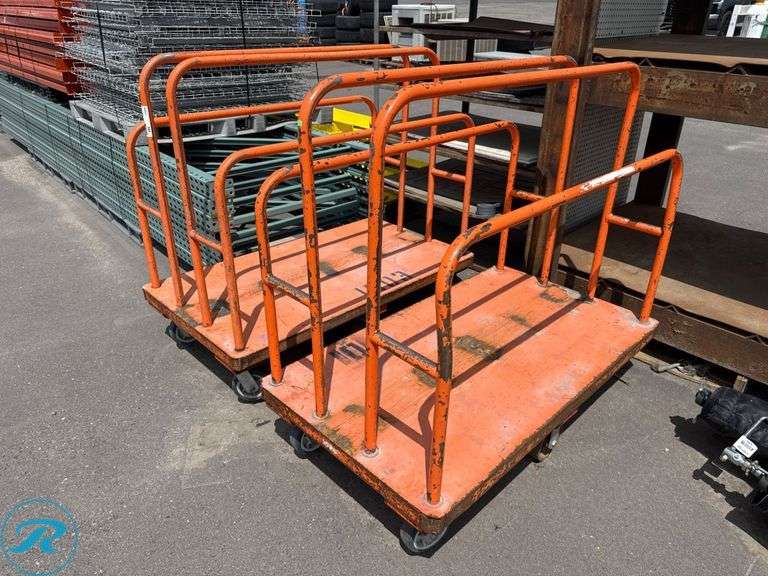 (2) Heavy-Duty Orange Steel Platform Carts with Handrails - Roller Auctions