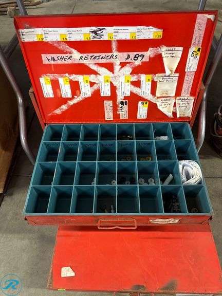 Red Metal Parts Storage Boxes with Dividers and Labeled Compartments ...