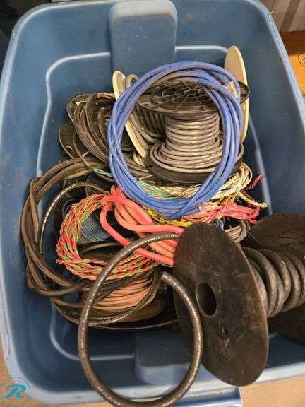 Electrical Wire and Empty Spools in Blue Storage Bin - Roller Auctions