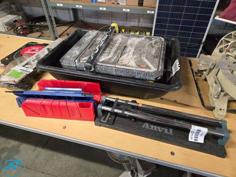 Anvil Tile Cutter, Stackable Toolboxes, and Miter Box - Roller Auctions