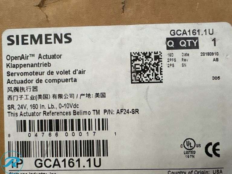 (4) Siemens OpenAir Actuators GCA161.1U, 24V, 160 in-lb, On/Off Control ...