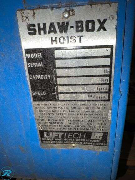 Shaw-Box Electric Hoist, Model 5045-1-3, 1/2 Ton Capacity - Roller Auctions
