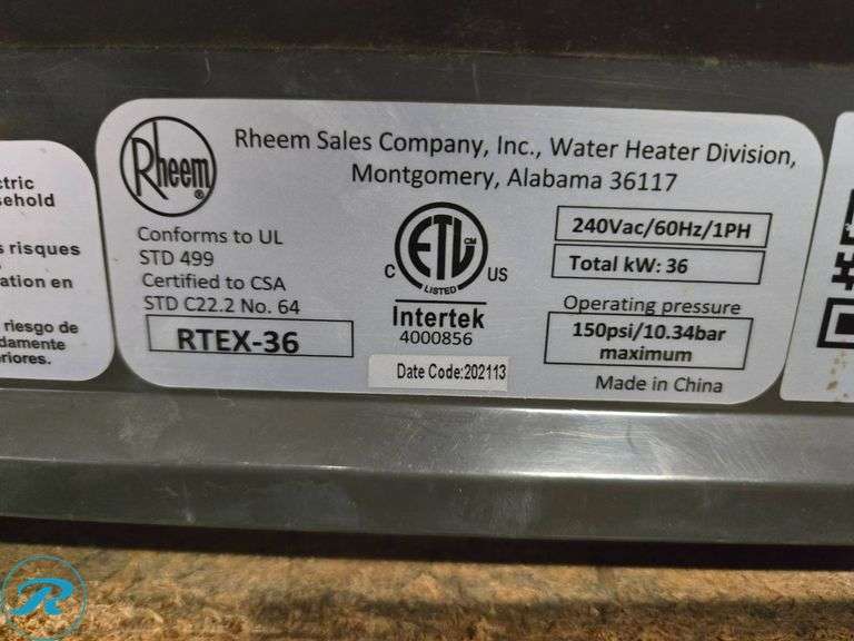 Rheem RTEX-36 Electric Tankless Water Heater, 36 kW, 240V - Roller Auctions