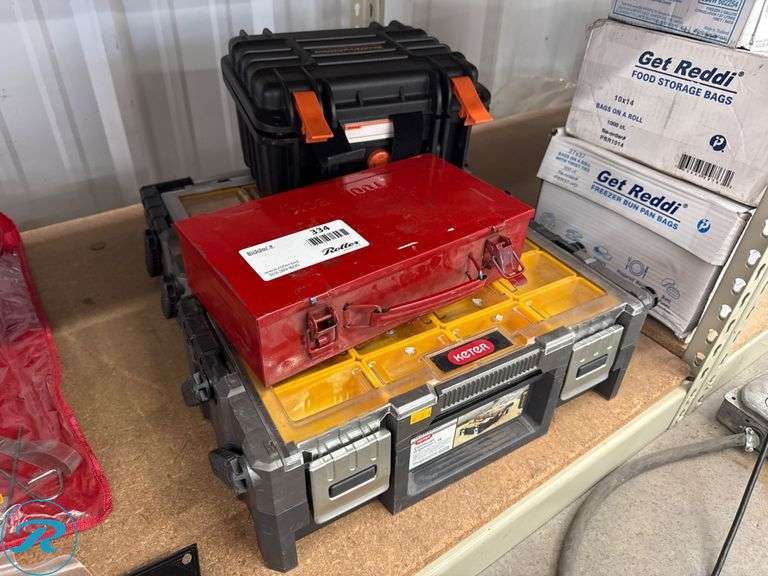 (4) Tool Organizers Including Keter Master Pro Cantilever Organizer and Red Metal Tool Box ...