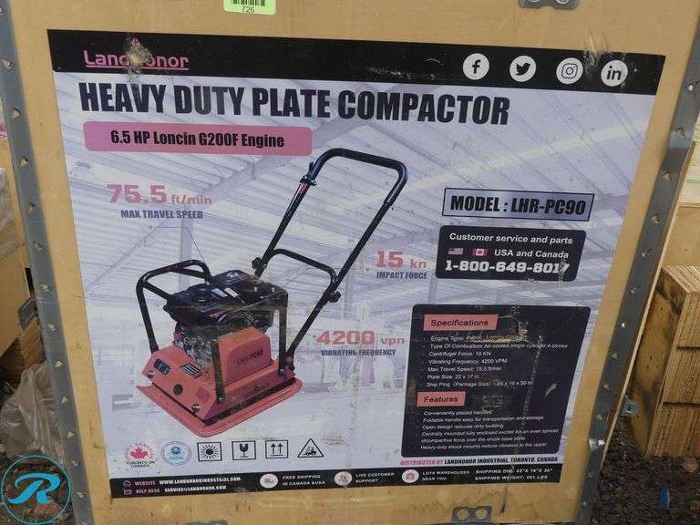 New Land Honor LHR-PC90 Heavy Duty Plate Compactor, 6.5 HP Gas Engine ...
