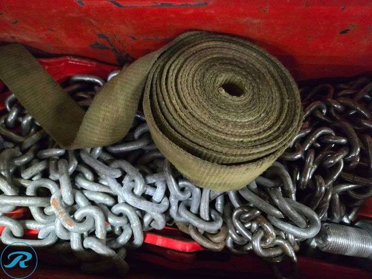 Metal Toolbox Containing Chains, Strap, Hooks, and Tow Accessories - Roller Auctions