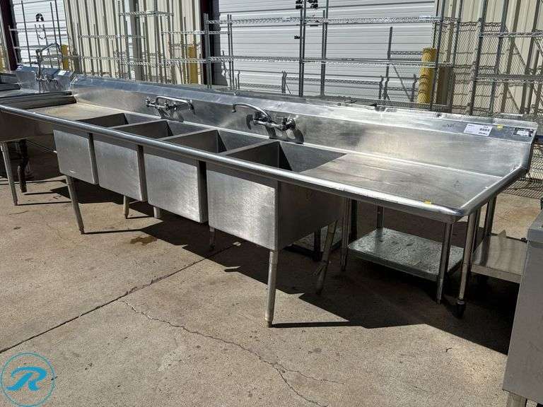 Stainless Steel Four-Compartment Sink with Dual Faucets, 141″ x 27 ...