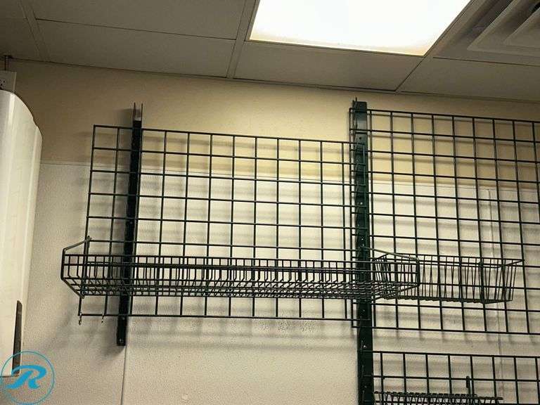 Wall-Mounted Wire Grid Rack System with Integrated Shelves and Baskets ...