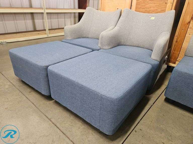 (2) Swivel Chairs with Matching Ottomans in Gray and Blue Fabric ...