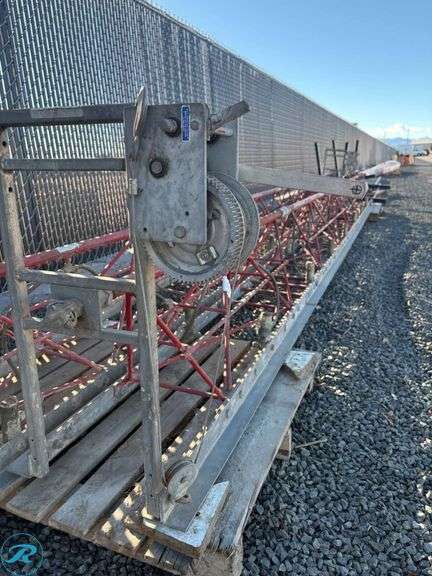 Suspended Scaffold Platform with Red Metal Framework and Pulley System ...