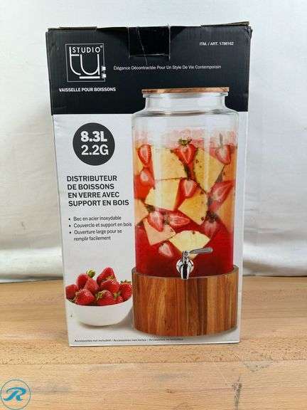Studio Tu Glass Drink Dispenser with Acacia Wood Stand - New - Roller ...