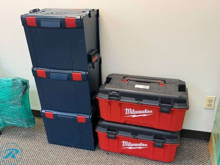 (2) Milwaukee Storage Containers and (3) Bosch Stacking Toolboxes ...
