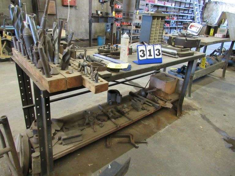 6' METAL TABLE WITH CONTENTS, ASSORTED TOOLING, 14" 4-JAW CHUCK ...