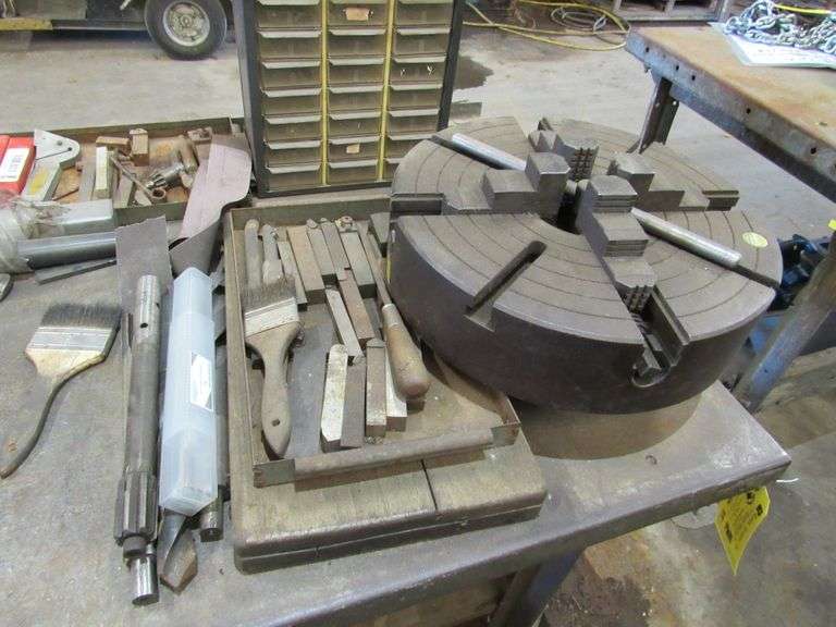 6' METAL TABLE WITH CONTENTS, ASSORTED TOOLING, 14" 4-JAW CHUCK ...