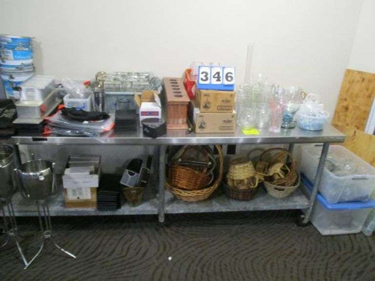 CONTENTS ON AND UNDER TABLE INCLUDING GLASS VASE, BASKETS, BUCKETS AND ...