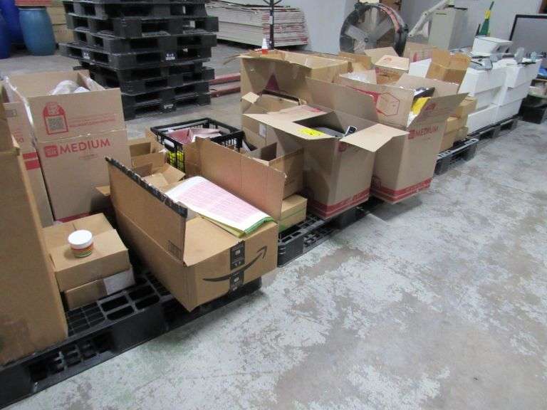 (5) PALLETS - ASSORTED ITEMS INCLUDING SHIPPING BOXES, HP PRINTER ...