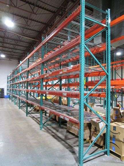 SECTION OF EMPTY PALLET RACK, TEAR DROP STYLE, W/WIRE DECKING INSETS ...