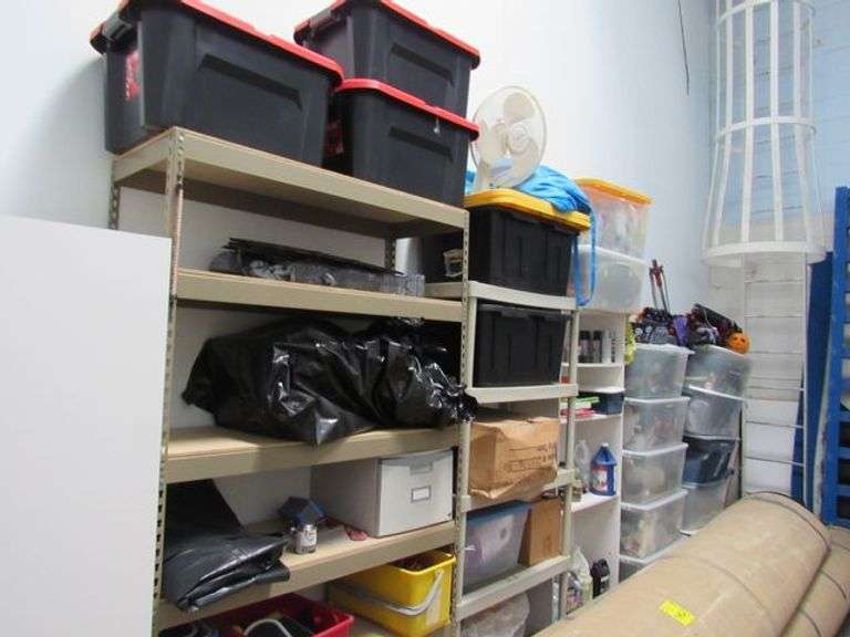 LOT, (1) WHITE WOOD 2-DOOR CABINET, (1) METAL/WOOD STORAGE SHELF, (1 ...