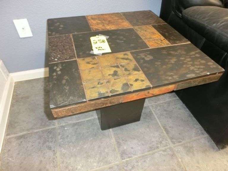 (2) SLATE TOPPED MATCHING SIDE TABLES - APPROX. 24" X 24" X 20" *MINOR ...