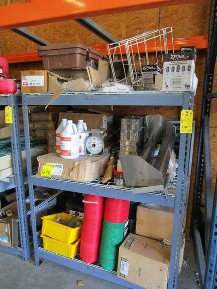 CONTENTS ON (2) SHELVING SECTIONS, ASSORTED BASKETS, FLOOR CLEANER ...