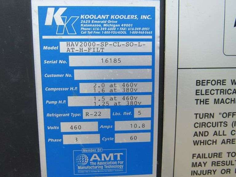 CHILLER, KOOLANT KOOLER MDL HAV2000-SP-CL-50-L-AT-H-FILT, S/N 16185 ...