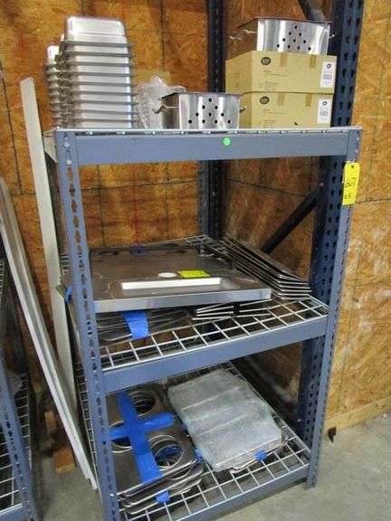 CONTENTS ON (3) SHELVING SECTIONS, VARIOUS WINCO LAYER CAKE PANS, RIM SOUP UNITS, POTS AND PANS ...