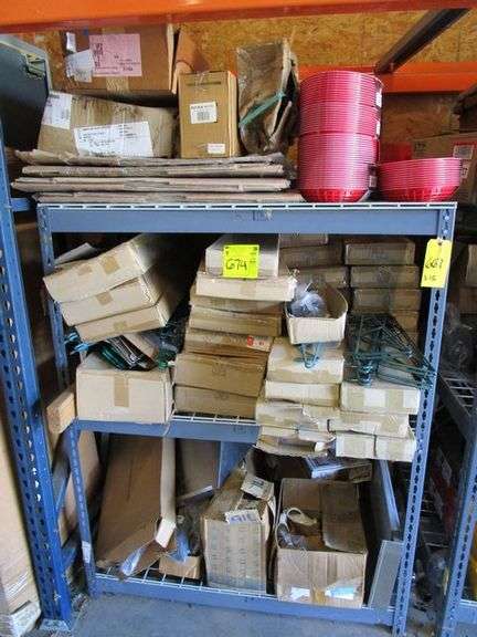 CONTENTS ON (2) SHELVING SECTIONS, ASSORTED BASKETS, FLOOR CLEANER ...