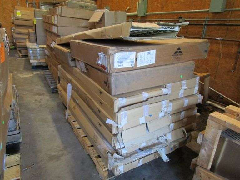 CONTENTS ON SKID, ASSORTED TABLES IN BOXES AND WIRE SHELVES AS SHOWN ...