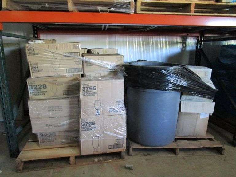 CONTENTS ON (6) SKIDS IN PALLET RACK, INCLUDES ASSORTED GLASSWARE ...
