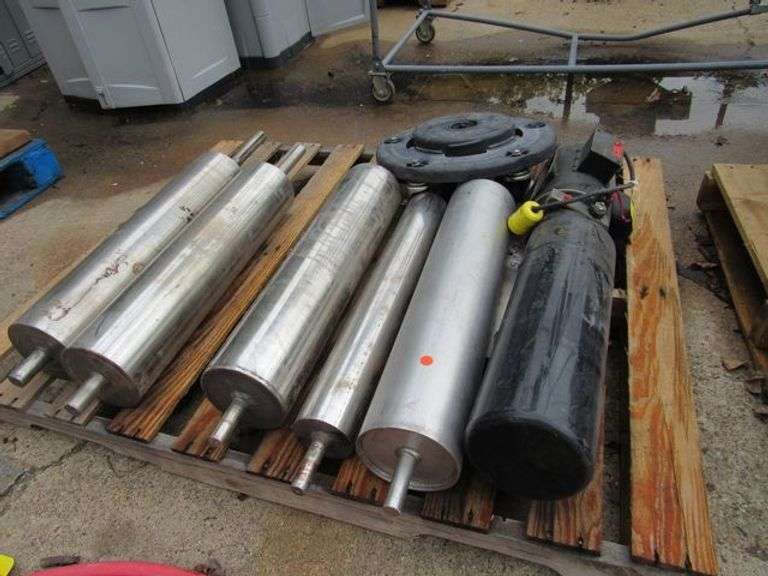 (1) PALLET, (5) ASSORTED STAINLESS STEEL ROLLERS AND (1) HYDRAULIC ...