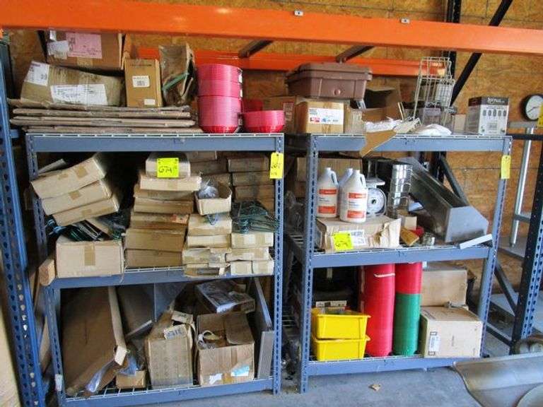 CONTENTS ON (2) SHELVING SECTIONS, ASSORTED BASKETS, FLOOR CLEANER ...