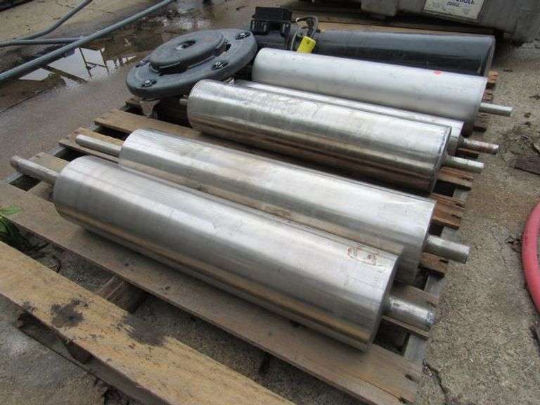 (1) PALLET, (5) ASSORTED STAINLESS STEEL ROLLERS AND (1) HYDRAULIC ...