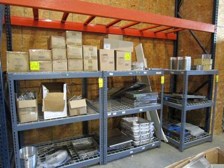 CONTENTS ON (3) SHELVING SECTIONS, VARIOUS WINCO LAYER CAKE PANS, RIM SOUP UNITS, POTS AND PANS ...