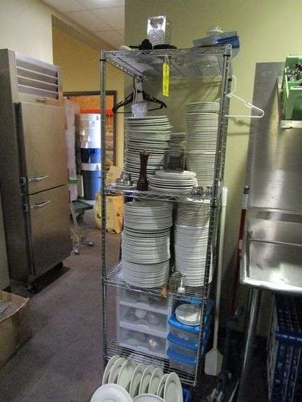 (2) RACKS WITH CONTENTS, ASSORTED DINNERWARE PLATES, PANS, STAINLESS ...