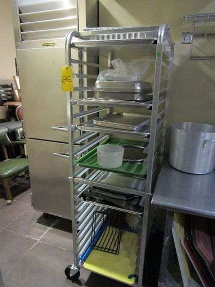 (2) RACKS WITH CONTENTS, ASSORTED DINNERWARE PLATES, PANS, STAINLESS ...