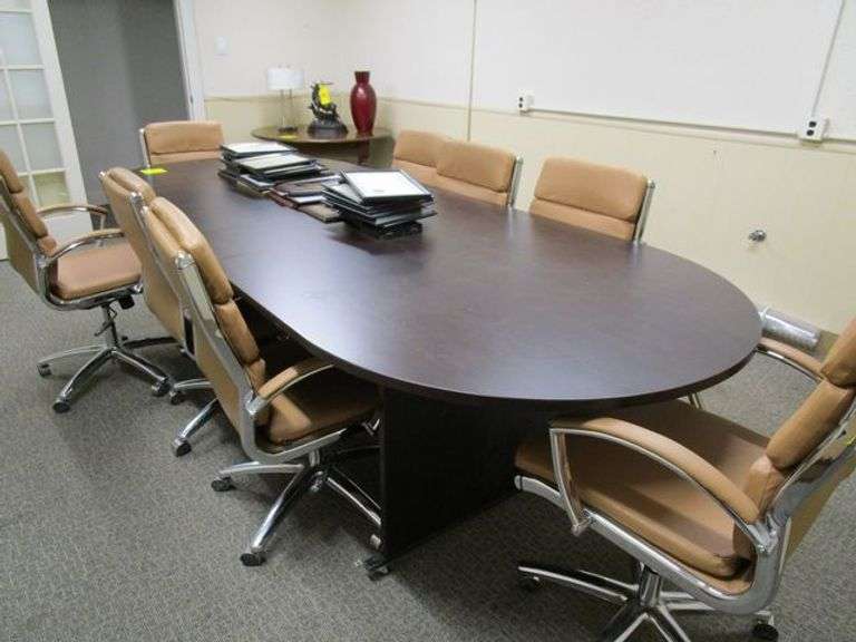 WOOD CONFERENCE TABLE APPROX. 4' X 8' WITH (8) PORTABLE OFFICE CHAIRS ...