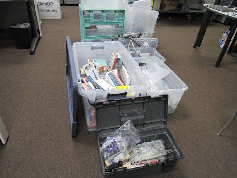 LOT, APPROX. (10) PLASTIC STORAGE BINS WITH CONTENTS INCLUDING ASSORTED ...