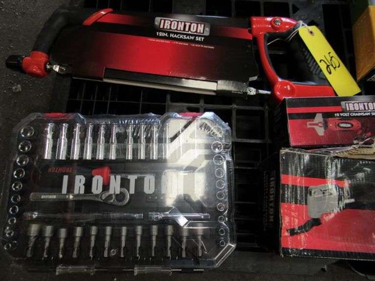LOT, IRONTON TOOLS, (1) 12" HACKSAW, (1) 12-VOLT CHAIN SAW, SHARPENED ...