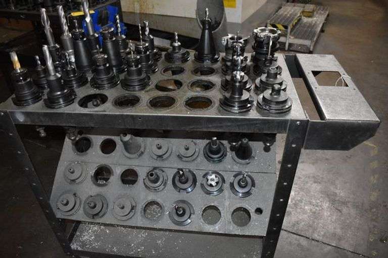 CART WITH APPROX. (43) CAT 50 TOOL HOLDERS, SOME WITH CUTTING TOOLS ...