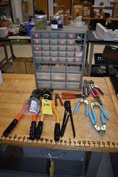 ASSORTED WIRE TOOLS, STRIPPERS, CRIMPERS WITH PLASTIC BIN - Rosen Systems