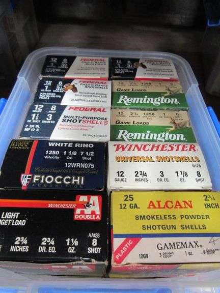 (1) PLASTIC BIN WITH (20) BOXES OF AMMO INCLUDING 12 GAUGE SHELLS ...