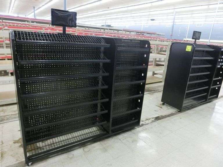 3-SIDED DISPLAY WITH METAL HANGERS AND WIRE SHELVES - APPROX. 69" XZ 39 ...