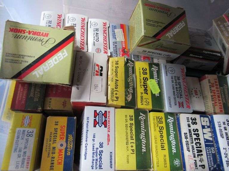 (1) PLASTIC BIN WITH (29) BOXES OF AMMO INCLUDING 32 AUTO/SPL ...
