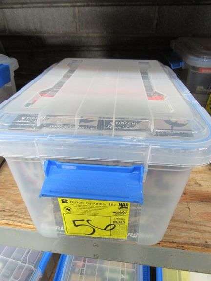 (1) PLASTIC BIN WITH (22) BOXES OF AMMO INCLUDING 12 GAUGE SHELLS ...