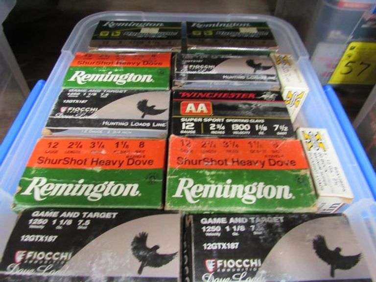 (1) PLASTIC BIN WITH (22) BOXES OF AMMO INCLUDING 12 GAUGE SHELLS *PLEASE NOTE - SOME BOXES MAY ...