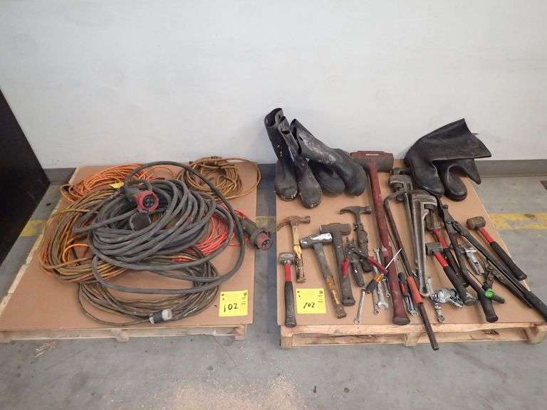 (2) PALLETS ASSORTED CORDS, BOOT, AND HAND TOOLS - Rosen Systems