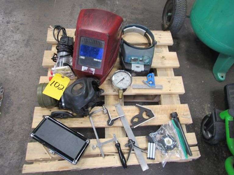 LOT, ASSORTED ITEMS ON PALLET INCLUDING WELDING MASK, MEASURING DEVICES ...