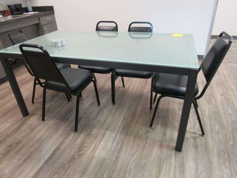 LOT, GLASS TOP BREAKROOM TABLE W/(5) CHAIRS, APPROX. 29" TALL X 66 ...